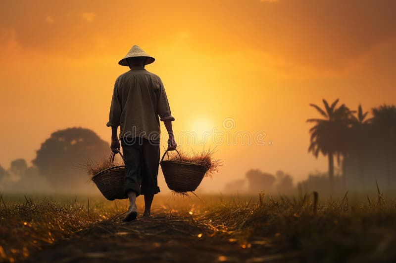 Old Farmer Carrying a Basket of Rice in the Field. Generative AI Stock ...