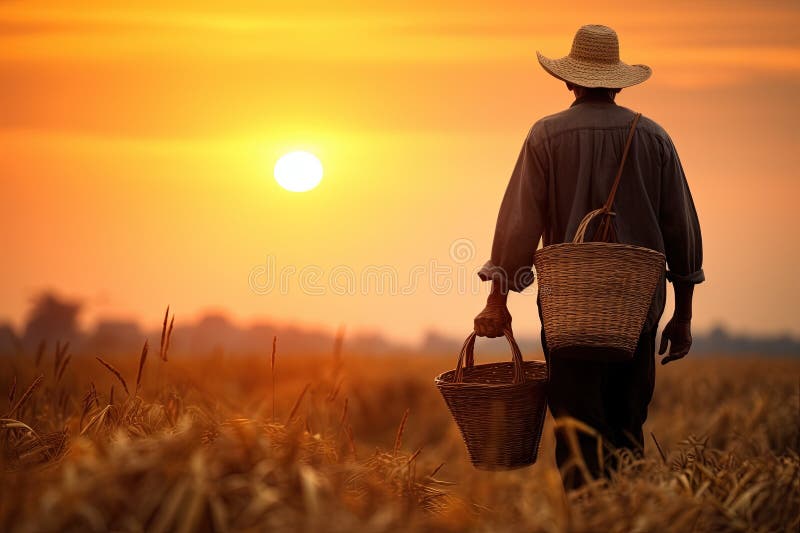 Old Farmer Carrying a Basket of Rice in the Field. Generative AI Stock ...