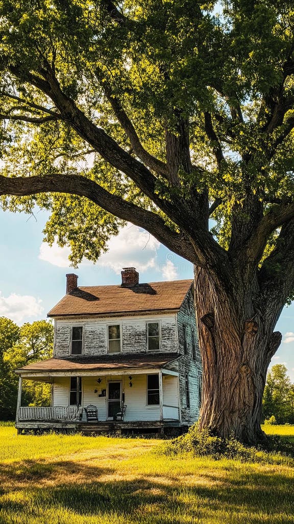 Old Farmhouse with a Big Tree in Front. Stock Photo - Image of brick ...