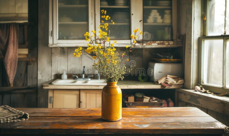 An Old Farmhouse Kitchen with a Simple Enamel Vase with Yellow Wild ...