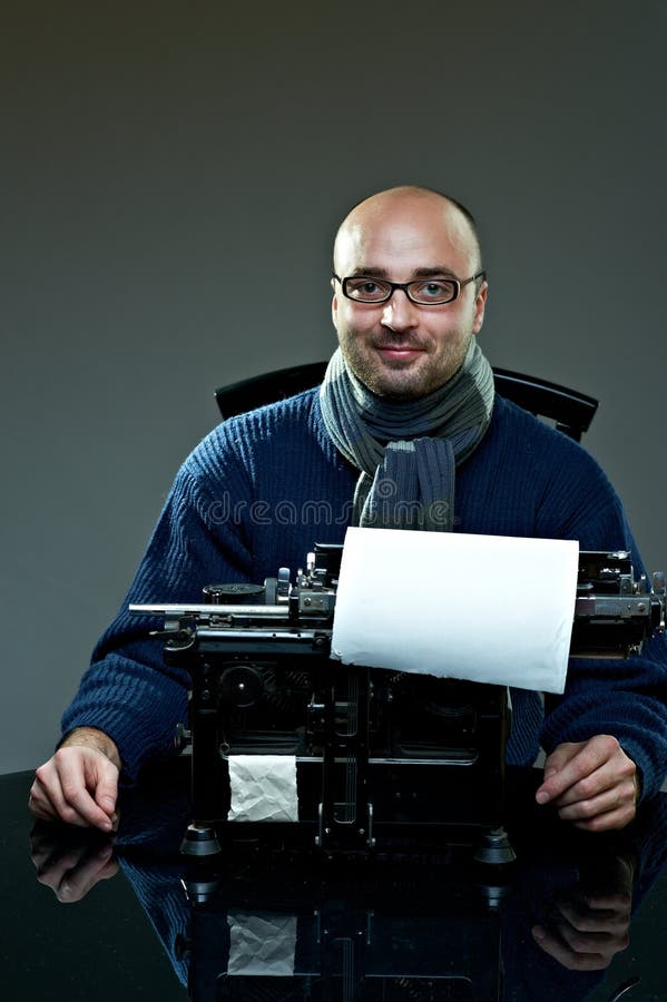 Old Fashioned Bald Writer in Glasses Stock Photo - Image of scribbler ...