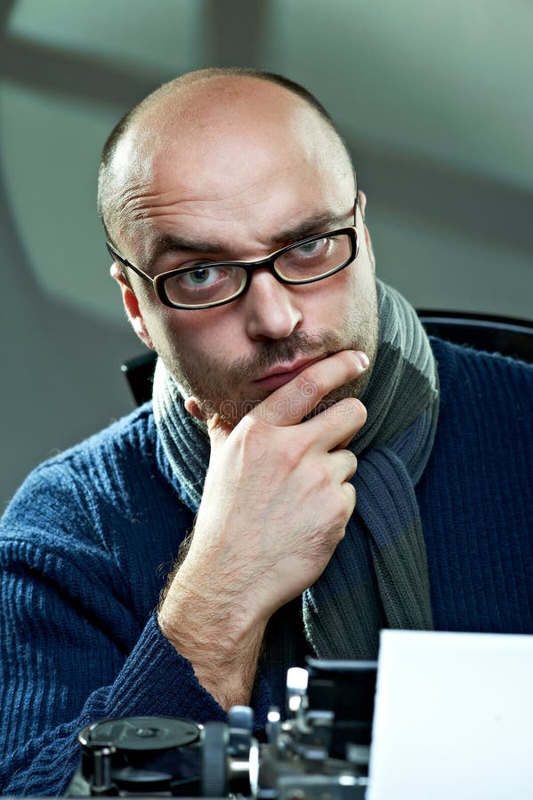 Old Fashioned Bald Writer in Glasses Stock Photo - Image of paper ...