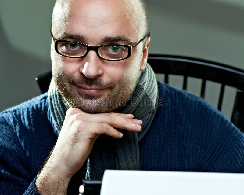 Old Fashioned Bald Writer in Glasses Stock Image - Image of creative ...