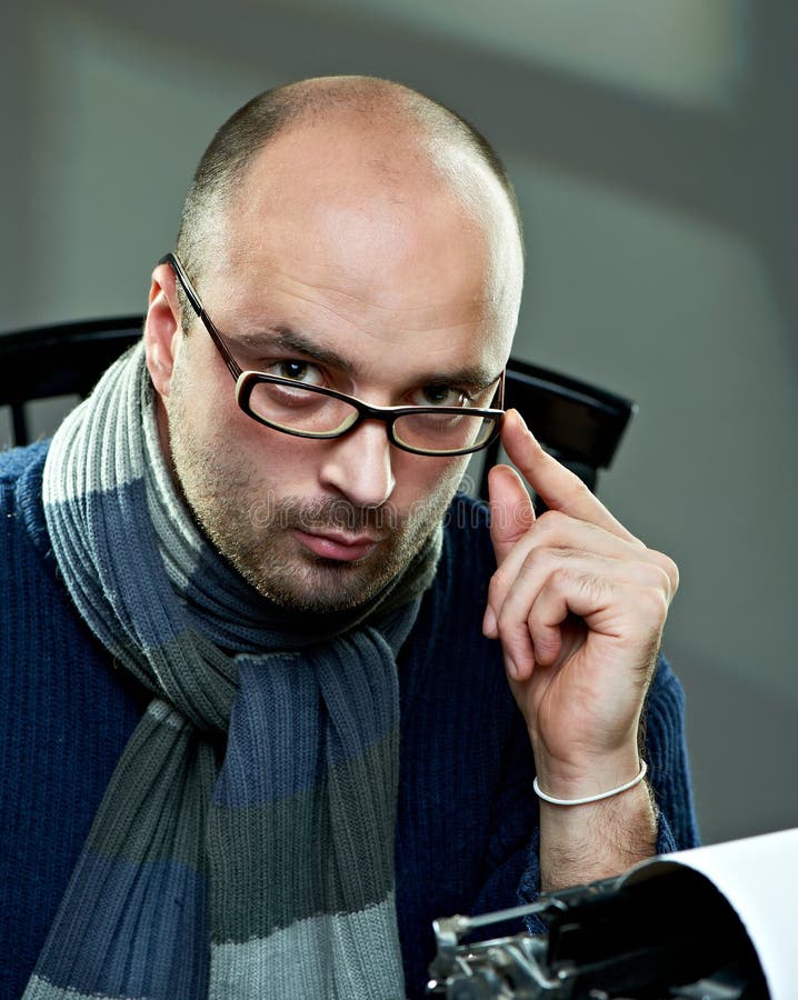 Old Fashioned Bald Writer in Glasses Stock Photo - Image of paper ...