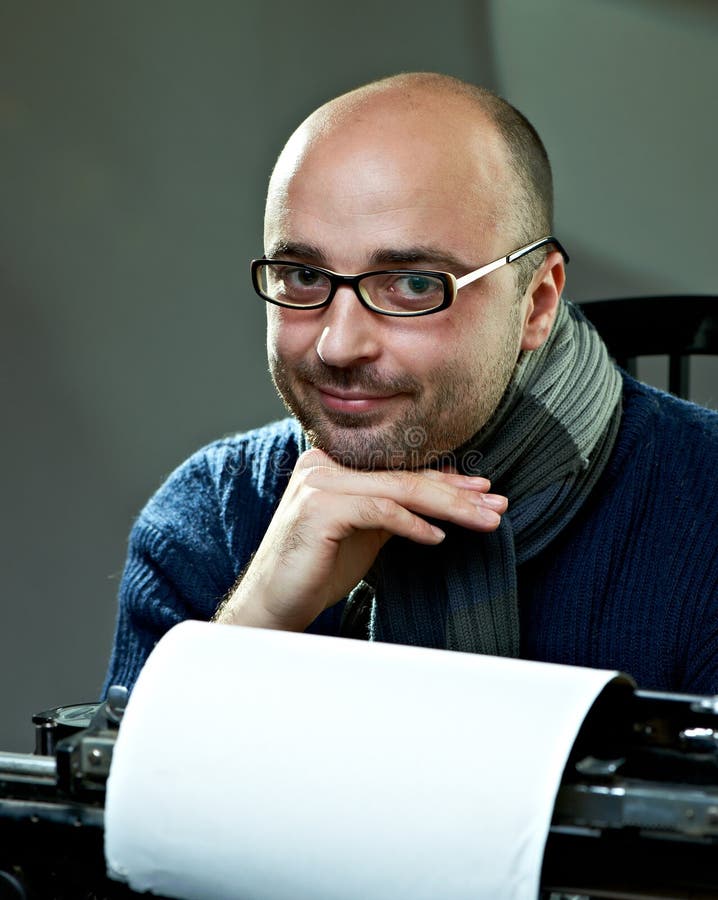 Old Fashioned Bald Writer in Glasses Stock Image - Image of male ...