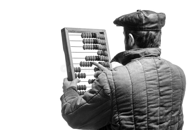 Old Fashioned Bearded Man Counts on Retro Abacus, Studio Shot ...