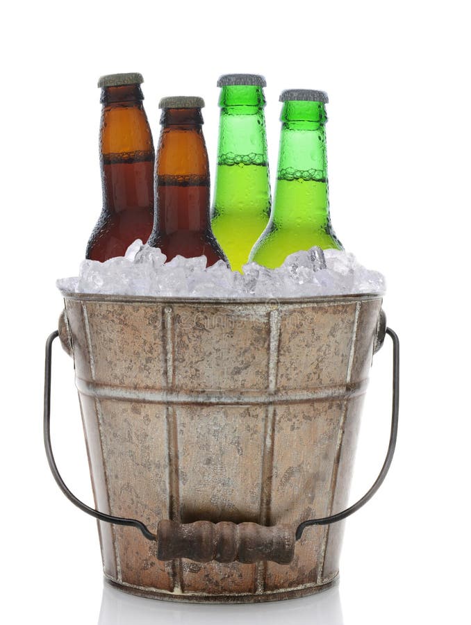 Old Fashioned Beer Bucket with Four Bottles Stock Photo - Image of ...