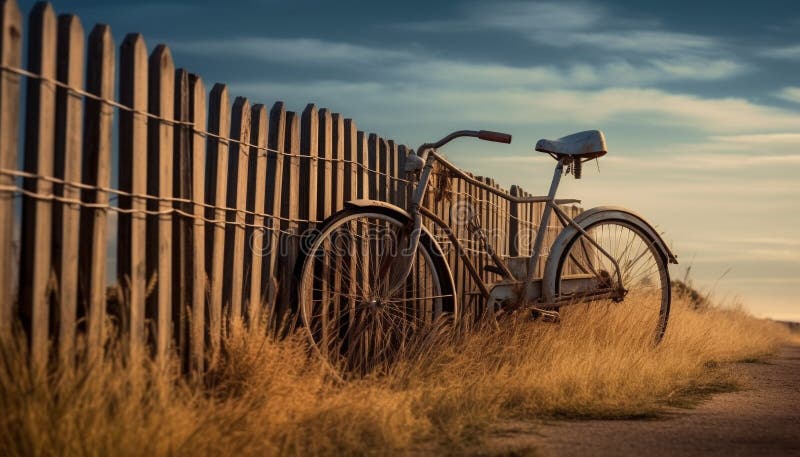 Old Fashioned Bicycle on Grass, Sunset Illuminates Tranquil Rural ...