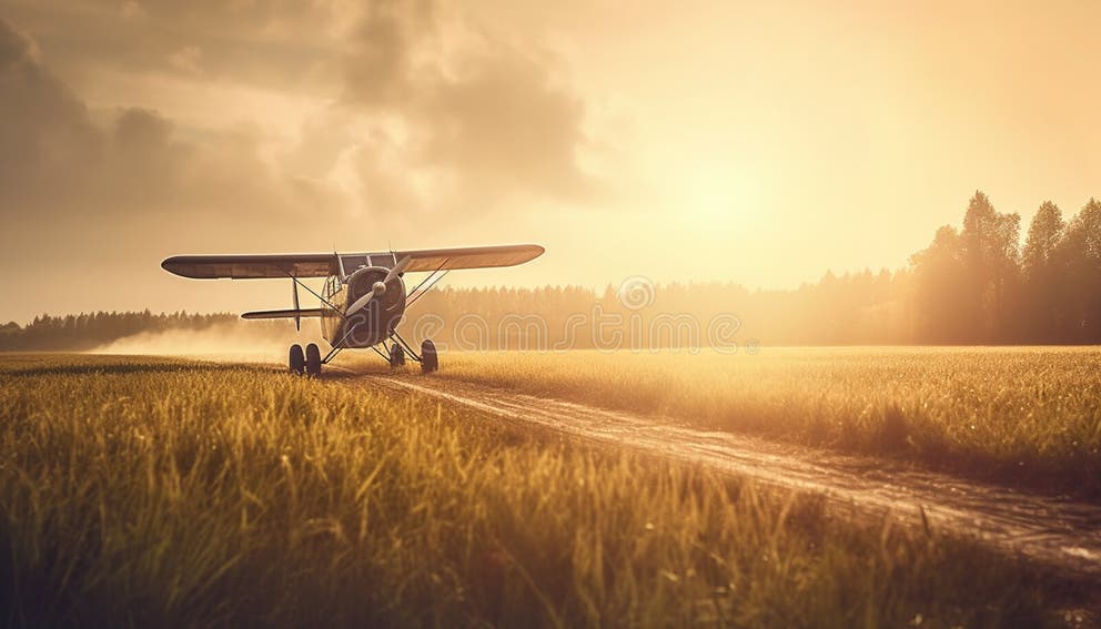 Old Fashioned Biplane Flying Over Rural Meadow at Sunset Generated by ...