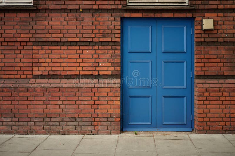 Old Fashioned Blue Door on a Red Brick Exterior Wall Stock Image ...