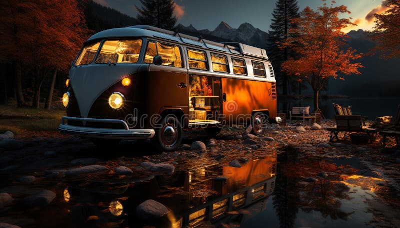 Old Fashioned Bus Drives through the Autumn Forest Generated by AI ...