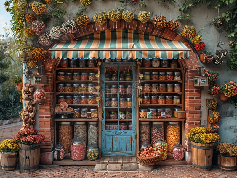 Old-fashioned Candy Shop with Jars of Sweets and a Striped Awning Stock ...
