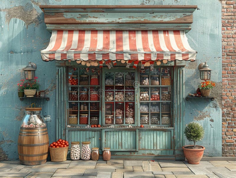 Old-fashioned Candy Shop with Jars of Sweets and a Striped Awning Stock ...