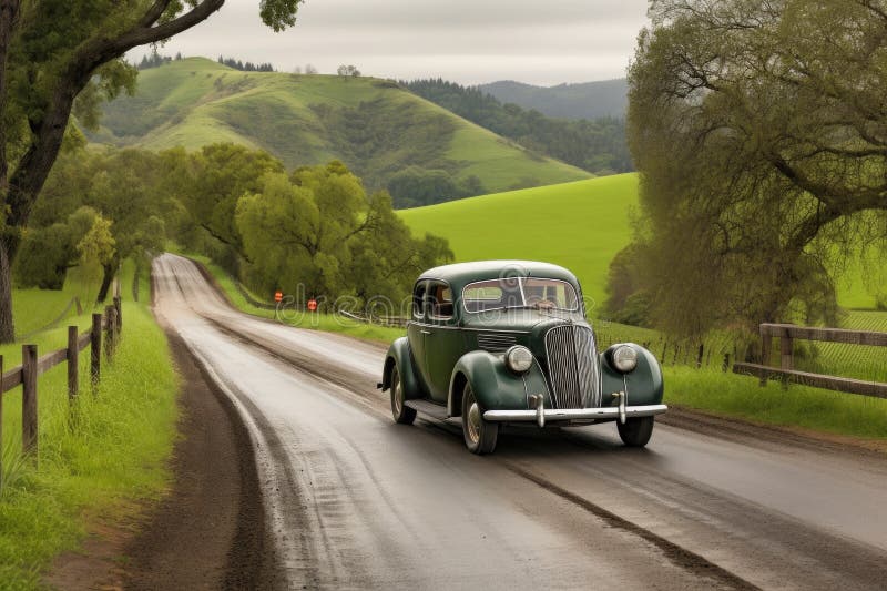 Old-fashioned Car on Country Road, with Rolling Hills in the Background ...