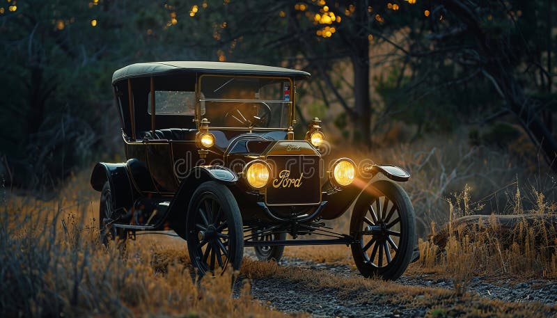 Old Fashioned Car Travels through Rustic Landscape at Dusk Stock ...