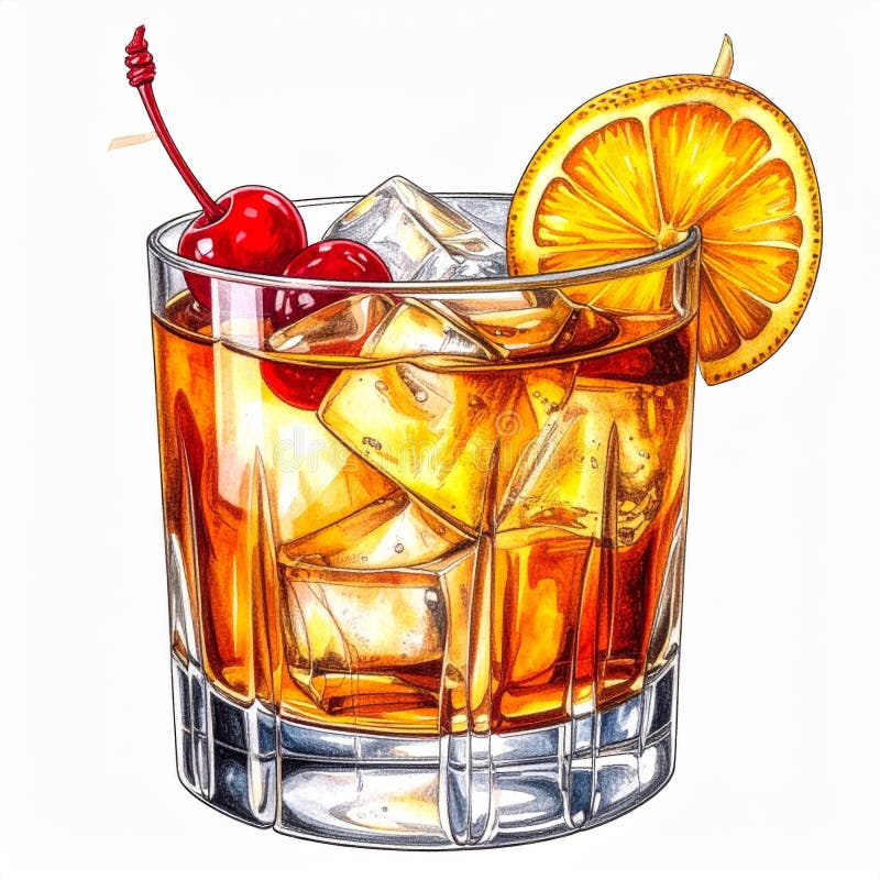 Old Fashioned Cocktail Illustration with Orange and Cherry Stock ...