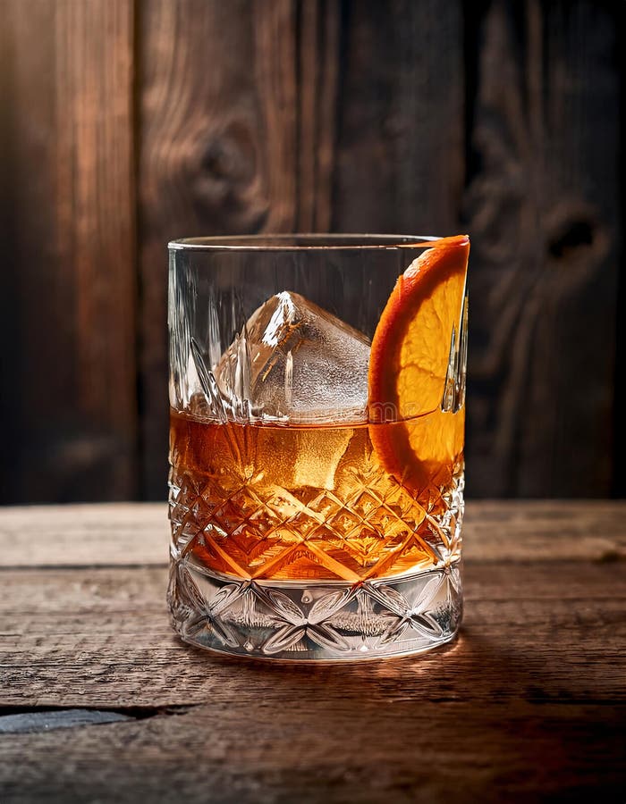 An Old Fashioned Cocktail with a Large Ice Cube and Orange Slice ...