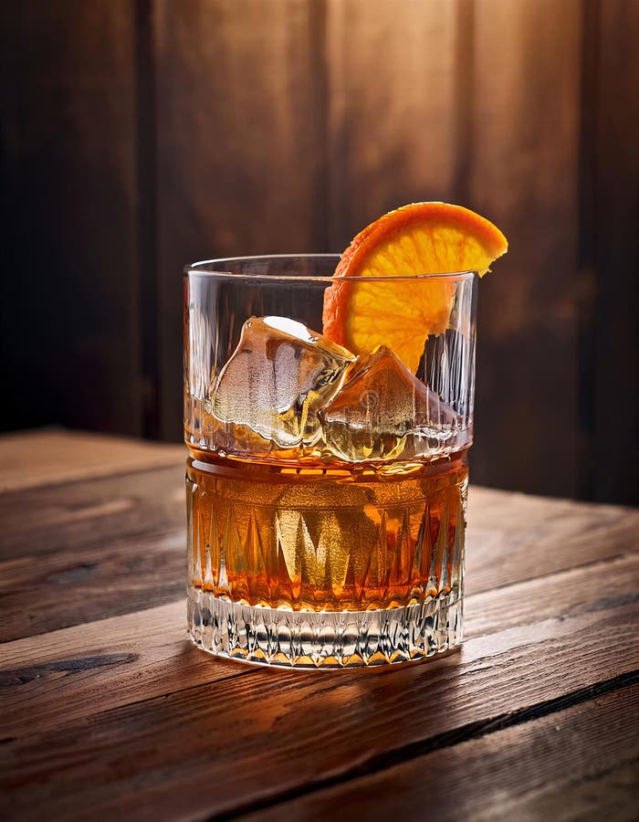 An Old Fashioned Cocktail with a Large Ice Cube and Orange Slice ...