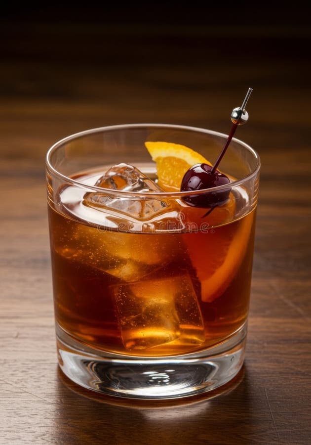 Old Fashioned Cocktail with Orange and Cherry Garnish Stock ...