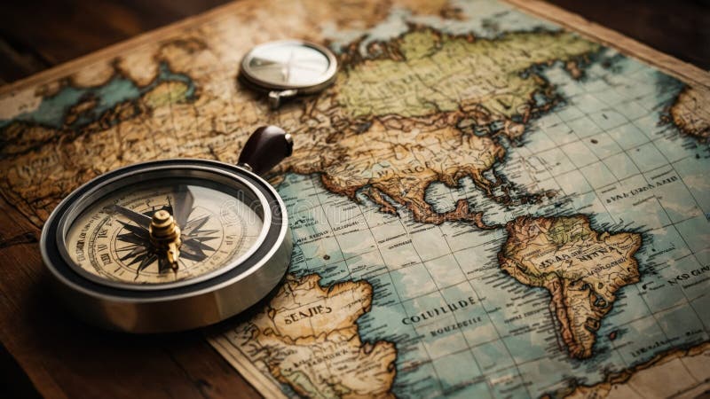 Old-fashioned Compass Resting on Map of Uncharted Lands Stock Image ...