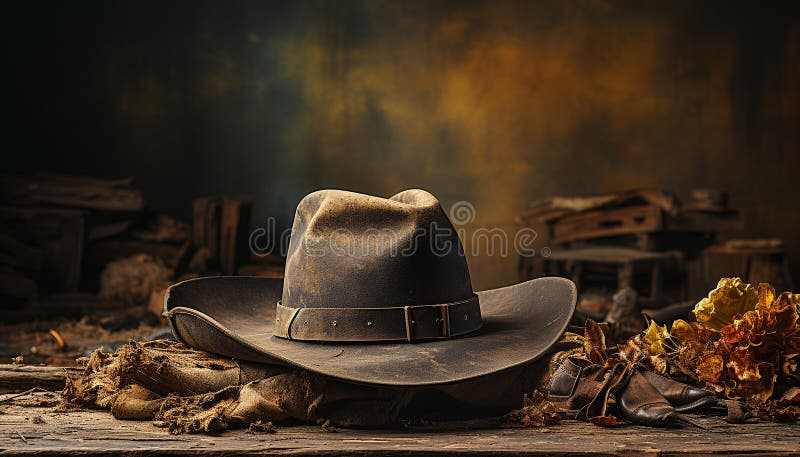 Old Fashioned Cowboy Hat and Leather Boots in Rustic Ranch Scene ...