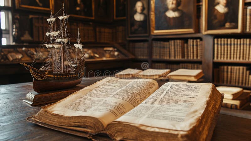 Old-fashioned Desk in a Study Room Featuring Classic Books and a Model ...