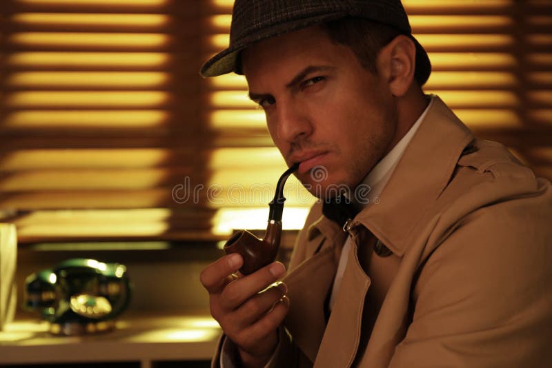 Old Fashioned Detective with Smoking Pipe in Office Stock Photo - Image ...