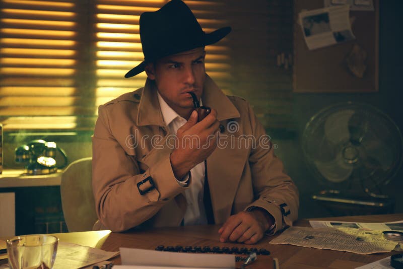 Old Fashioned Detective with Smoking Pipe at Table in Office Stock ...