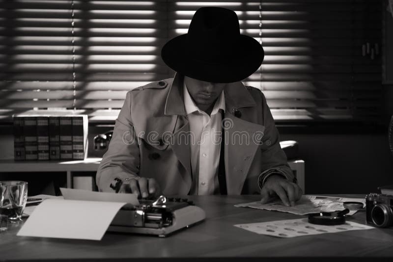 Old Fashioned Detective at Table in Office. Black and White Effect ...