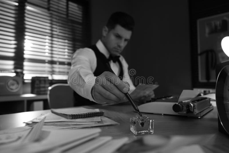 Old Fashioned Detective Working at Table in Office, Focus on Hand with ...