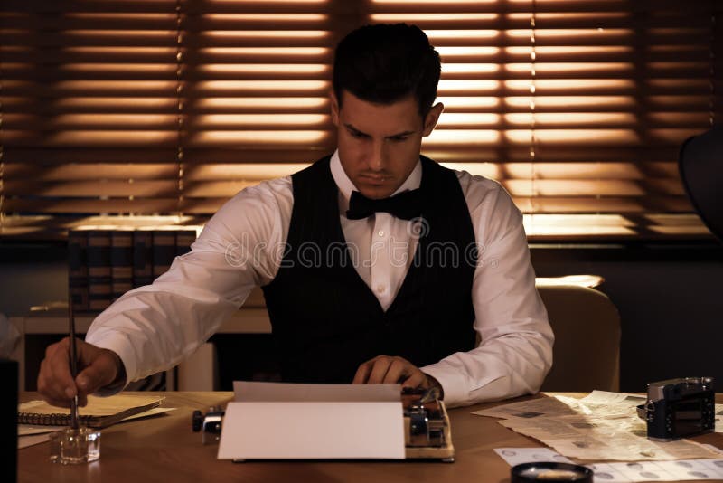 Detective Writing with Feather on Paper at Table, Top View Stock Photo ...