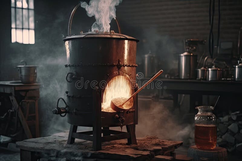 An Old-fashioned Evaporator with a Fire Burning Underneath, Boiling the ...