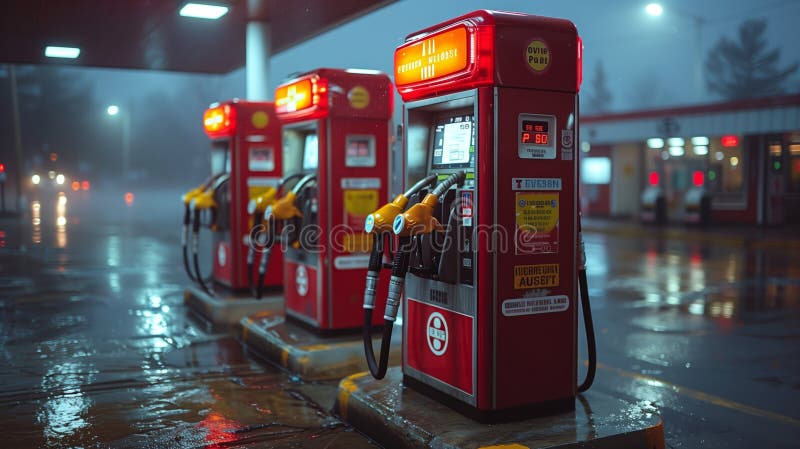 Old-Fashioned Gas Station Pumps Lit Up at Night during Rainy Weather ... Old-Fashioned Gas Station Pumps Lit Up at Night during Rainy Weather ...