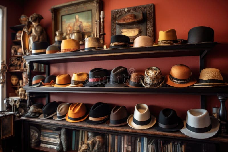 Old-fashioned Hat Collection on a Shelf Stock Illustration ...