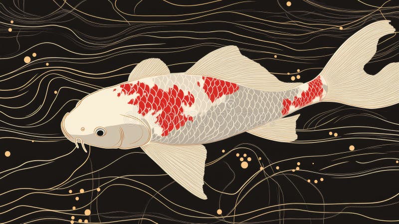 An Old-fashioned Illustration of Koi Fish Swimming in Dark Blue Waters ...