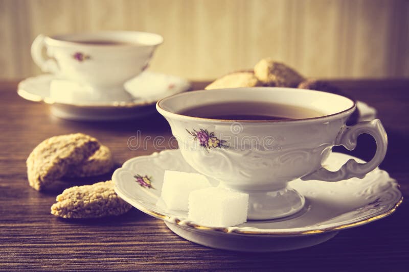 Old-fashioned Image with Two Cups of Tea Vintage Effect Stock Image ...