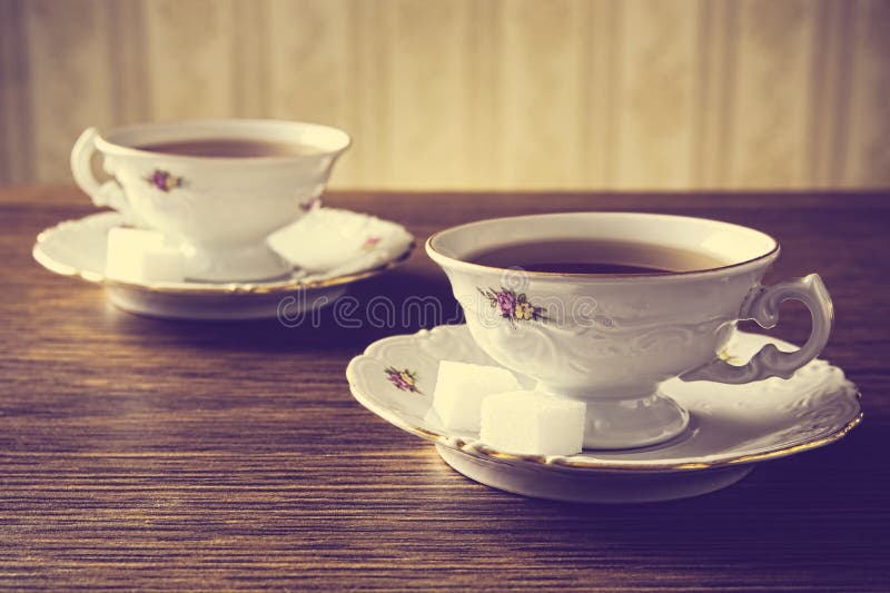 Old-fashioned Image with Two Cups of Tea Vintage Effect Stock Image ...