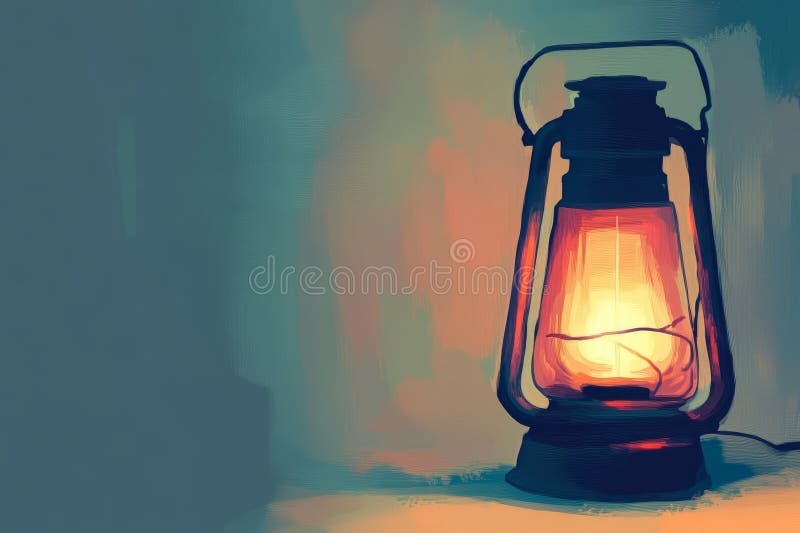 Antique Lantern Drawing Burning Kerosene Lamp. Antique Oil Lantern.