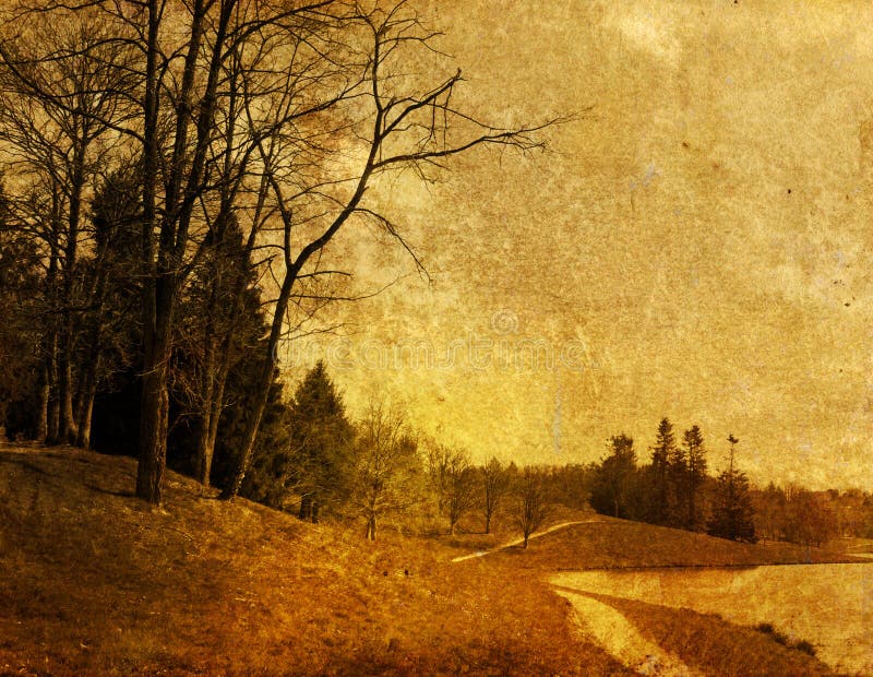 Old-fashioned landscape stock illustration. Illustration of grunge ...