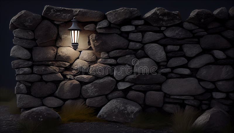 Old Fashioned Lantern Shines on Rustic Stone Wall ,generative AI Stock ...