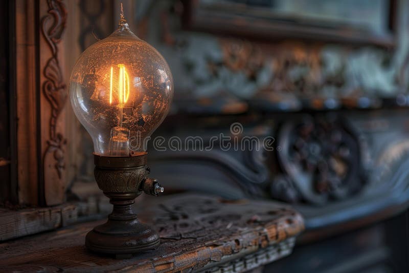 Old Fashioned Lightbulb Glowing on Rustic Table Stock Photo - Image of ...
