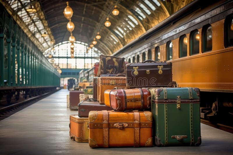 Old-fashioned Luggage Set in a Train Station Stock Illustration ...