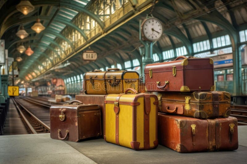 Old-fashioned Luggage Set in a Train Station Stock Illustration ...