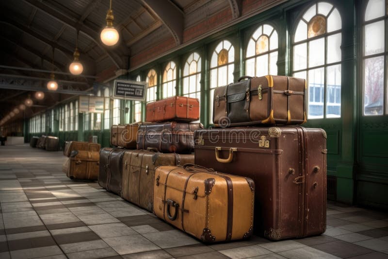 Old-fashioned Luggage Set in a Train Station Stock Illustration ...