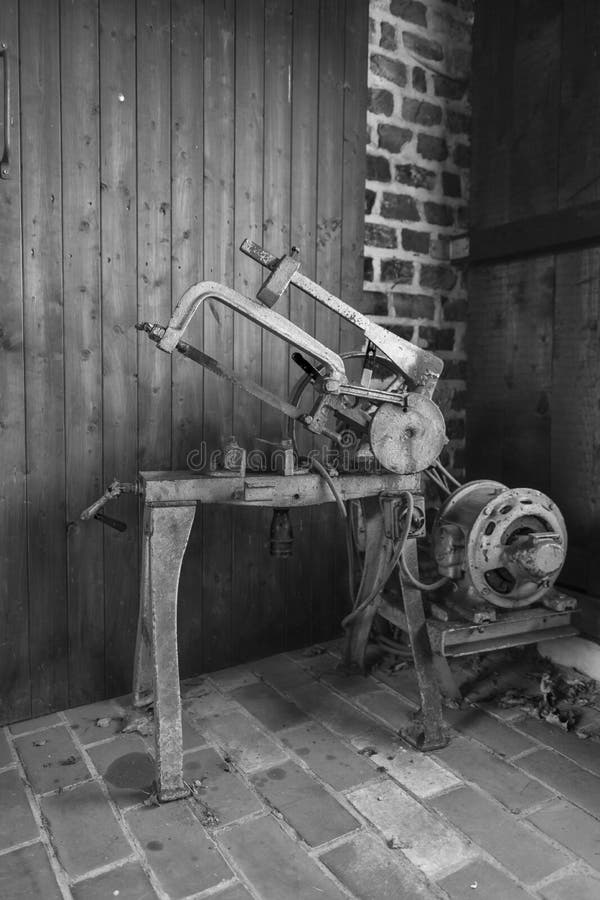 Old-fashioned Machine Hacksaw with Electrical Engine_BW Stock Image ...