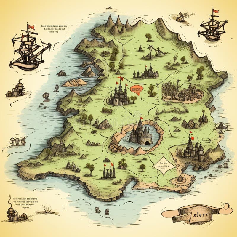 Old-fashioned Map of an Island Dotted with Picturesque Castles. AI ...