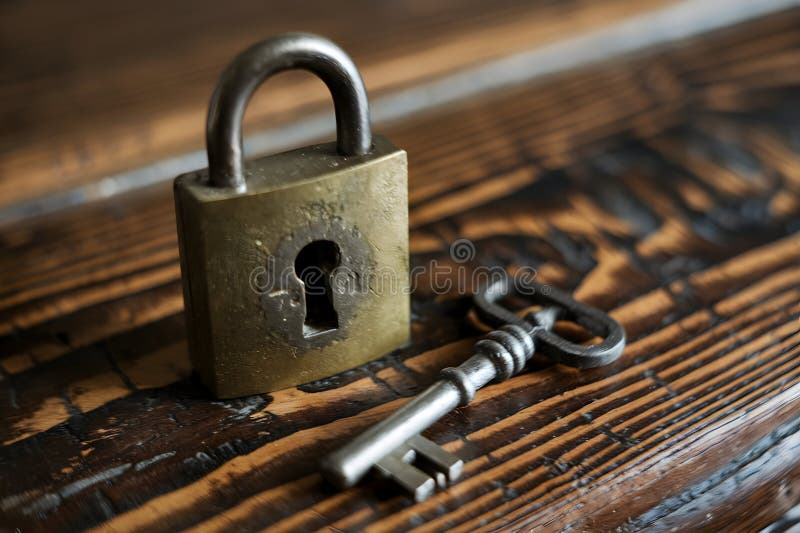 Ornate Key beside Open, Metallic Lock on Richly Grained Wooden Surface ...