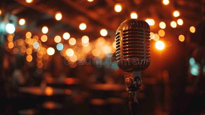 An Old Fashioned Microphone in a Restaurant Setting with Lights Hanging ...