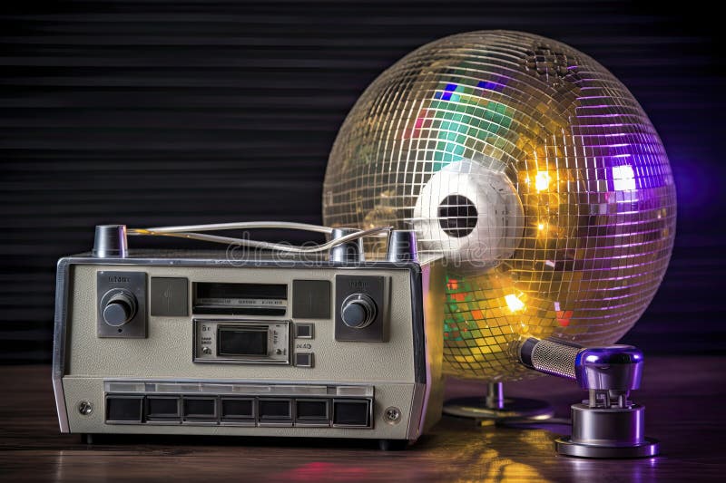 Old-fashioned Music Cassette, Walkman Player and Disco Ball Stock ...