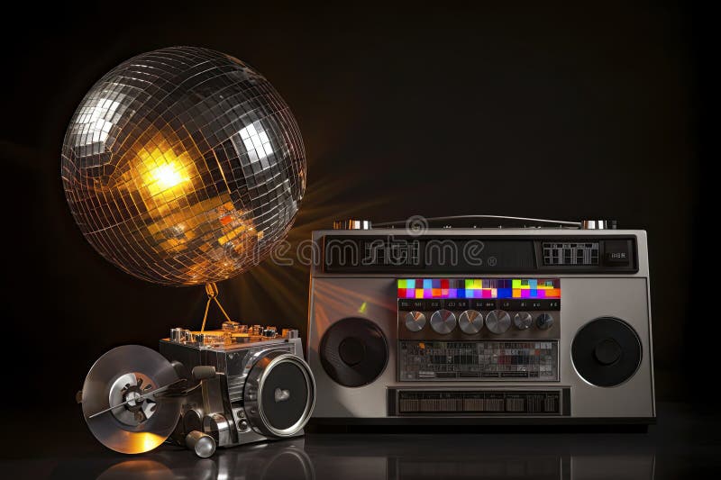 Old-fashioned Music Cassette, Walkman Player and Disco Ball Stock ...